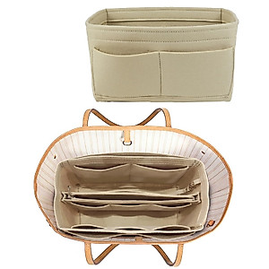 Lmeison Purse Organizer Insert for Handbags, Tote Bag Organizer with Zipper, Purse Insert for Marc Jacobs, Neverfull Mm Speedy and More, Beige, Large