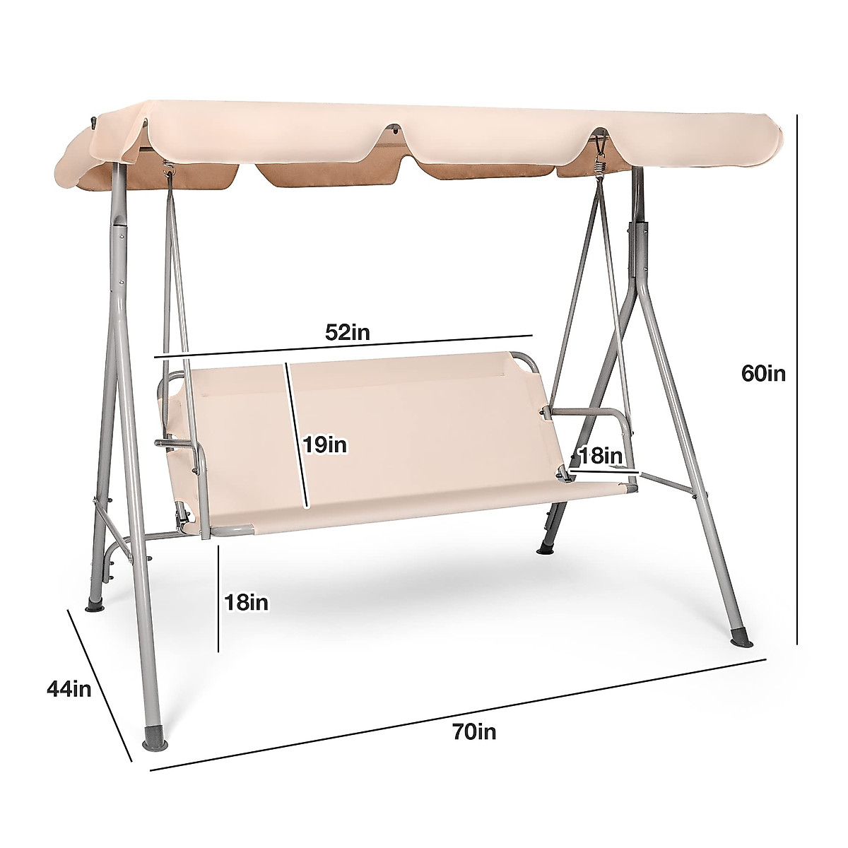 Vilobos Outdoor Patio Swing Chair, Porch Swing Bench with Adjustable Canopy&Duracble Metal Stand, Patio Swing Set for Backyard, Porch and Garden, Beige