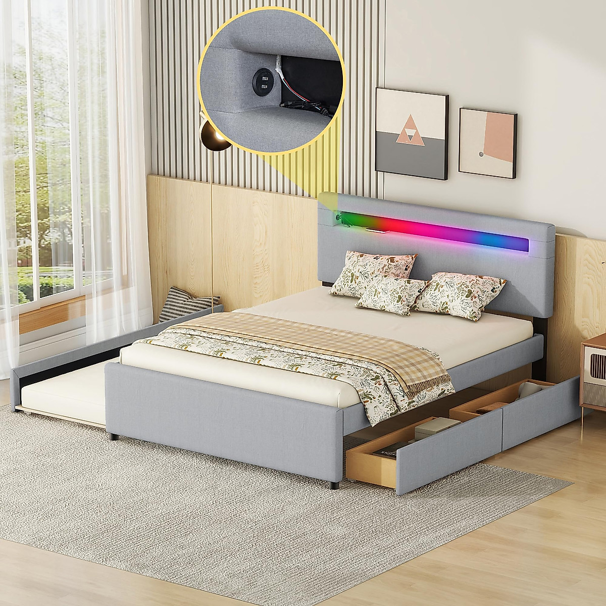 FANYHOME Queen Size Upholstered Platform Bed with 2 Storage Drawers and Twin Trundle, LED Lights and USB Charging, Linen Queen Bed Frame with Headboard and Wood Slat Support, Gray