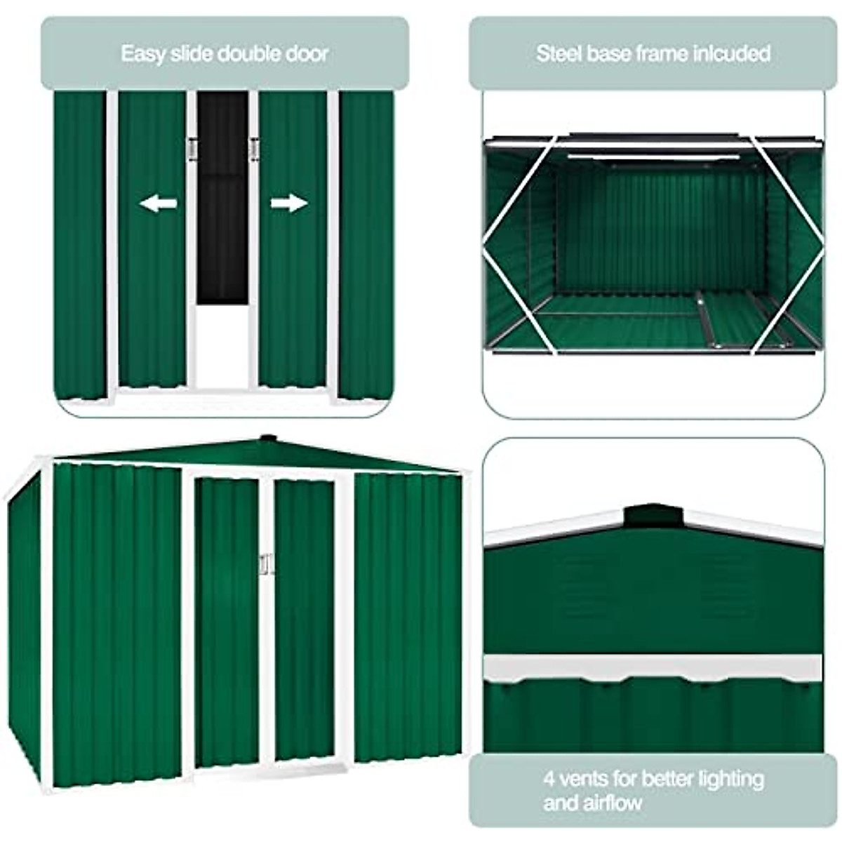 Incbruce 8x6 Ft Outdoor Storage Shed Double Sloping Roof Garden Shed, Galvanized Metal Storage Shed with Sliding Door, Metal Shed Kit with Double Doorknobs and Air Vents (Green)
