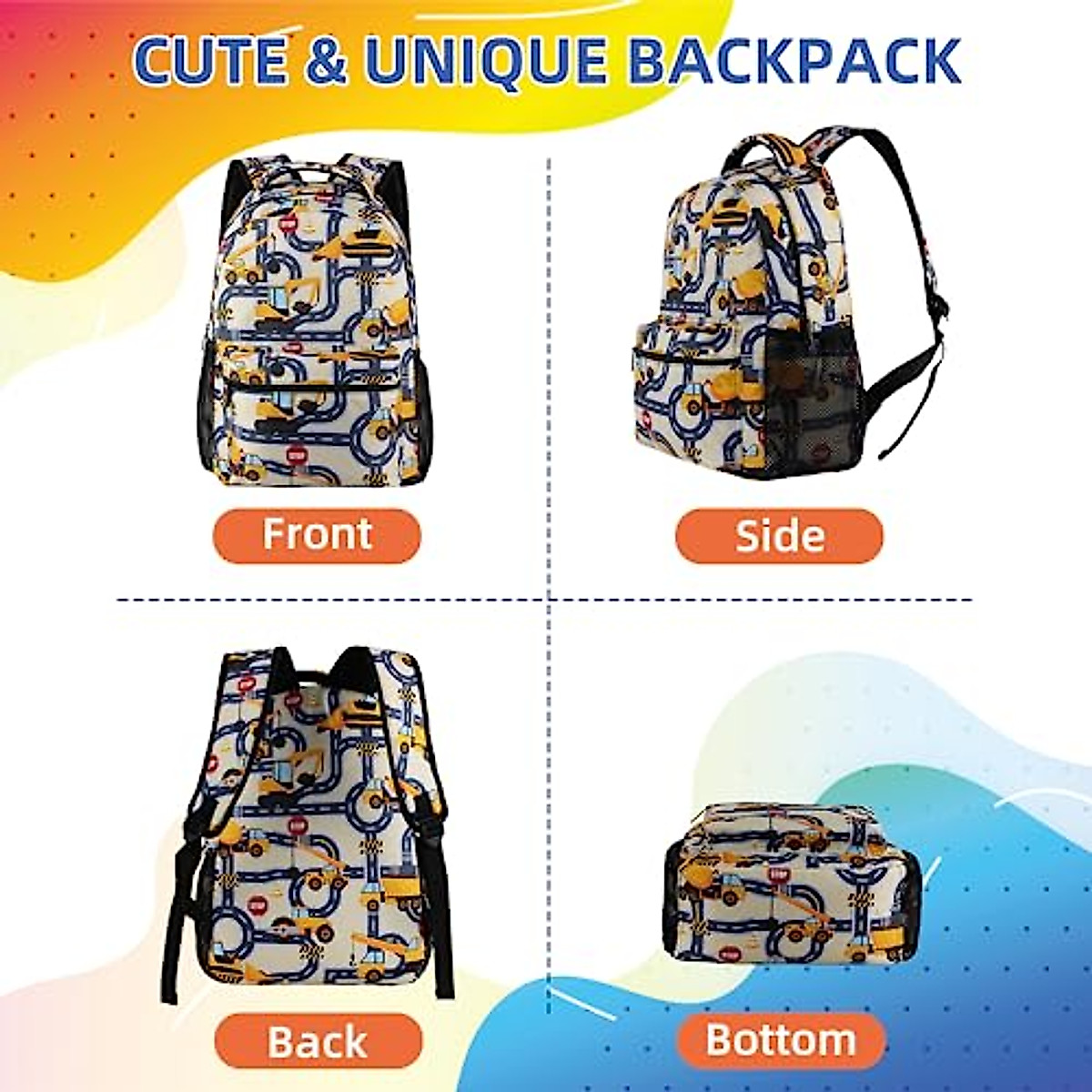 Catilo Construction Backpack for Boys, Tractor Truck Backpack,Excavator School Bag Bookbag for Kids Elementary