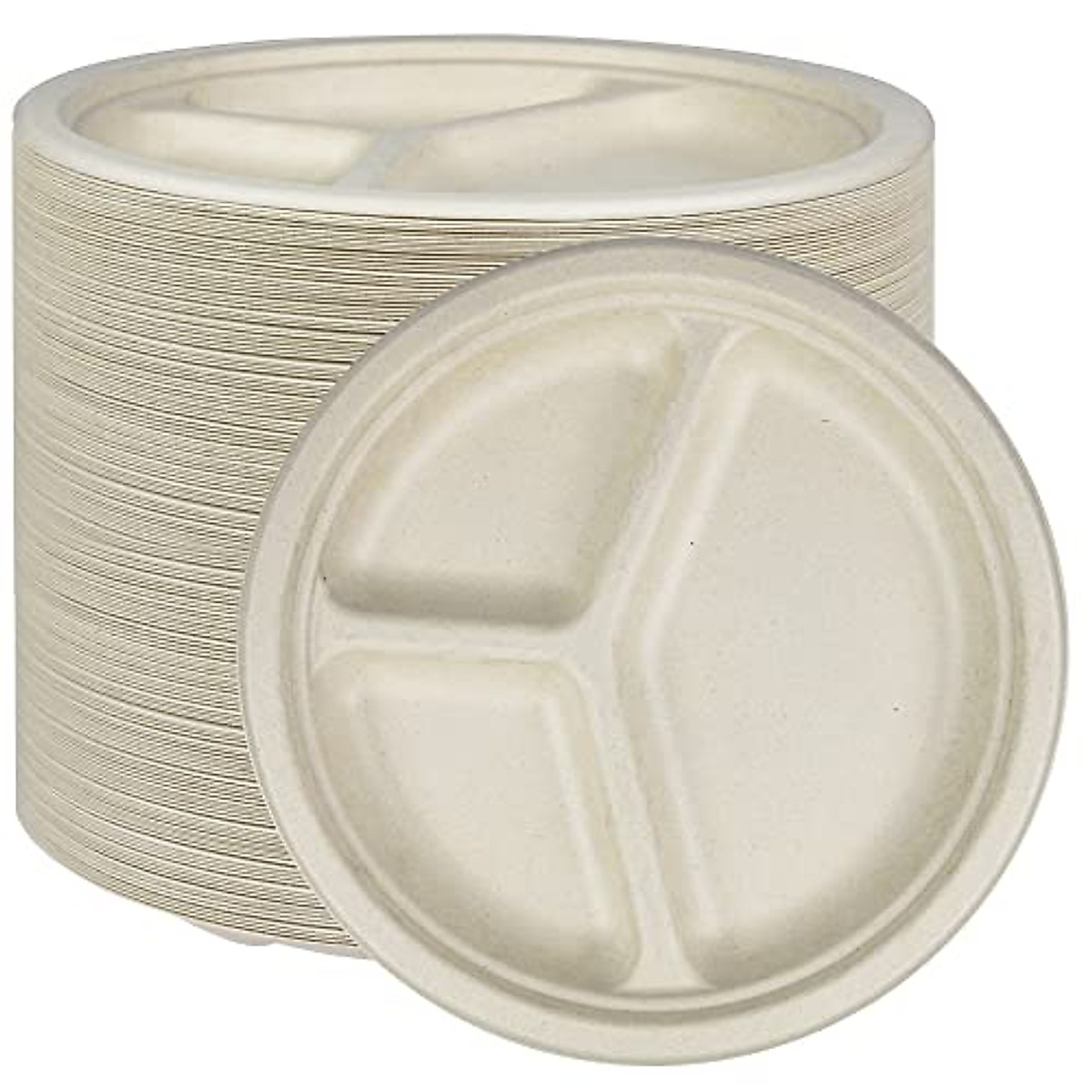 NYHI Heavy Duty Plates 10 Inch Disposable Plates For Adults Kids Brown Eco Friendly Sugarcane Paper Plates Are Cut Leak Resistant 125 Pack 3 compartment