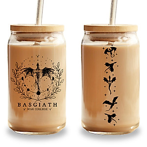 Fourth Wing Glass Cup with Lid and Straw, 16oz Fourth Wing Iced Coffee Cup, Fourth Wing Gift Merch Basgiath Tumbler Trendy