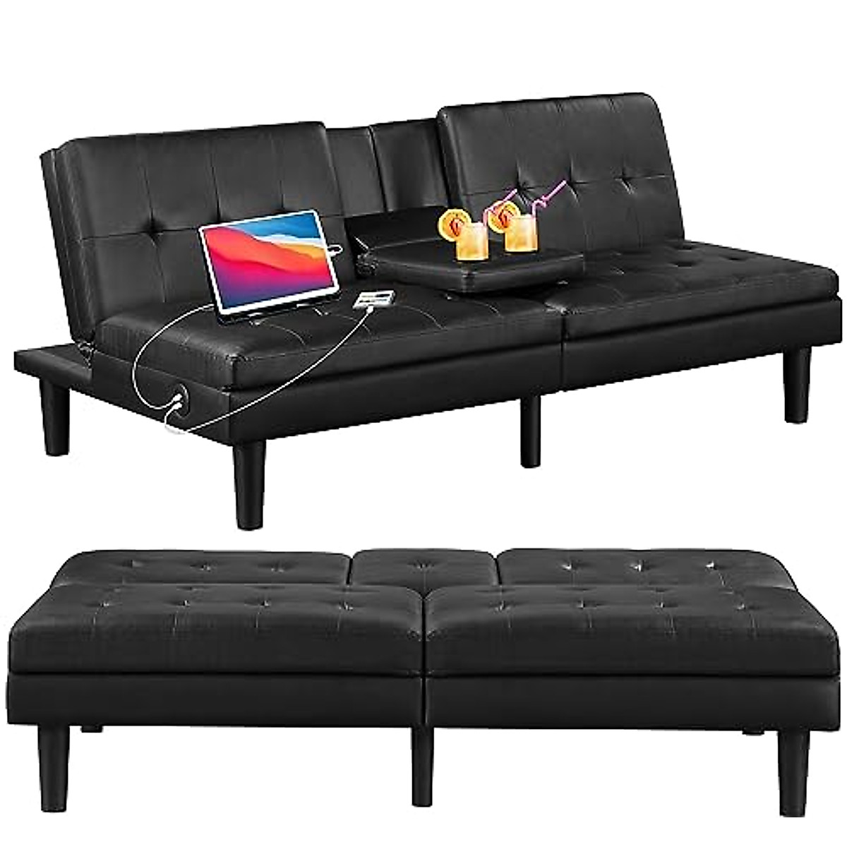 PrimeZone 69" W x 38" D x 29.5" H Futon Convertible Sofa Bed with USB & 2 Cupholders - Faux Leather Modern Memory Foam Sleeper Couch, Folding Loveseat for Apartment, Dorm, Office, Black