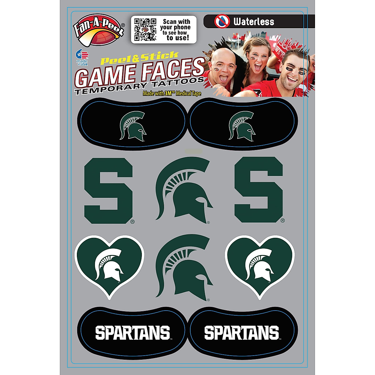 Fan-A-Peel Michigan State University Waterless Temporary Tattoos - Hypoallergenic Peel and Stick Waterproof Temporary Tattoos, Decal Assortment - Officially Licensed