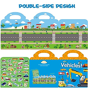 Reusable Sticker Book for Kids, Vehicles Truck Stickers Educational Learning Toys Travel Stickers Activity Books for Toddler Girls Boys Age 3+ Birthday Gifts