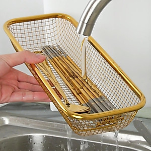 BYEGOU Gold Kitchen Drawer Organizer, Stackable Mesh Storage Baskets, Stainless Steel Silverware Organizer for Holding Knife Fork Spoon, 12.5"x5"x2.5", Pack of 2