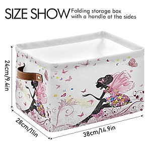 ALAZA Decorative Basket Rectangular Storage Bin, Flower Fairy in The Environment of Butterflies Organizer Basket with Leather Handles for Home Office
