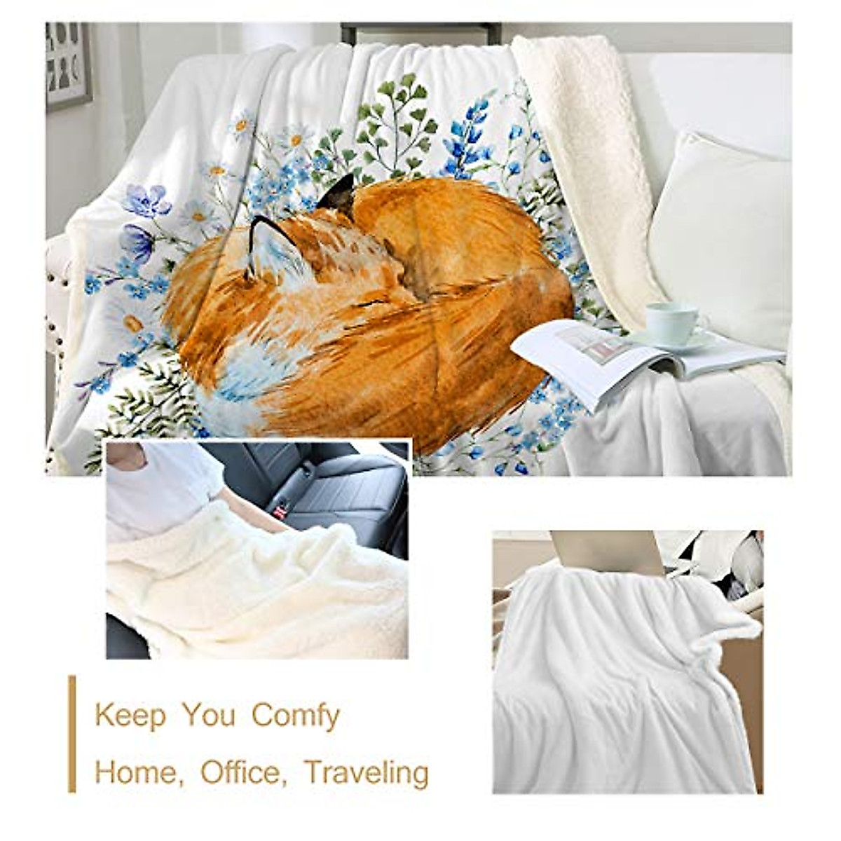 Sleepwish Watercolor Sleeping Fox Throw Blanket Red Fox Sherpa Blanket Watercolor Animals Art Reversible Soft Fleece Blanket for Couch Sofa and Bed Throw(50"x60")