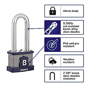 BRINKS - 44mm XT Series Commercial Laminated Steel Padlock with 2 3/8" Shackle, 2-Pack - Weather Resistant and Hardened Boron Steel Shackle