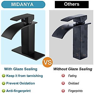 Midanya Waterfall Spout Bathroom Faucet Single Handle 1 Hole Bathroom Sink Faucet,Modern RV Lavatory Vanity Basin Faucet with 6 Inch Deck Plate for 1 or 3 Hole and Water Hose,Matte Black
