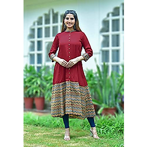 Yash Gallery Women's Rayon & Cotton Cambric Zig-Zag Print A-Line Kurta (S, Maroon)