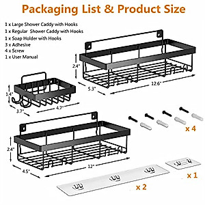 Preziouz 3 Pack Bathroom Organizer with Hooks, Self Adhesive Black Shower Caddy, No Drilling & Stainless Steel, Wall Mounted Shower Shelves for Shampoo and Soap Storage