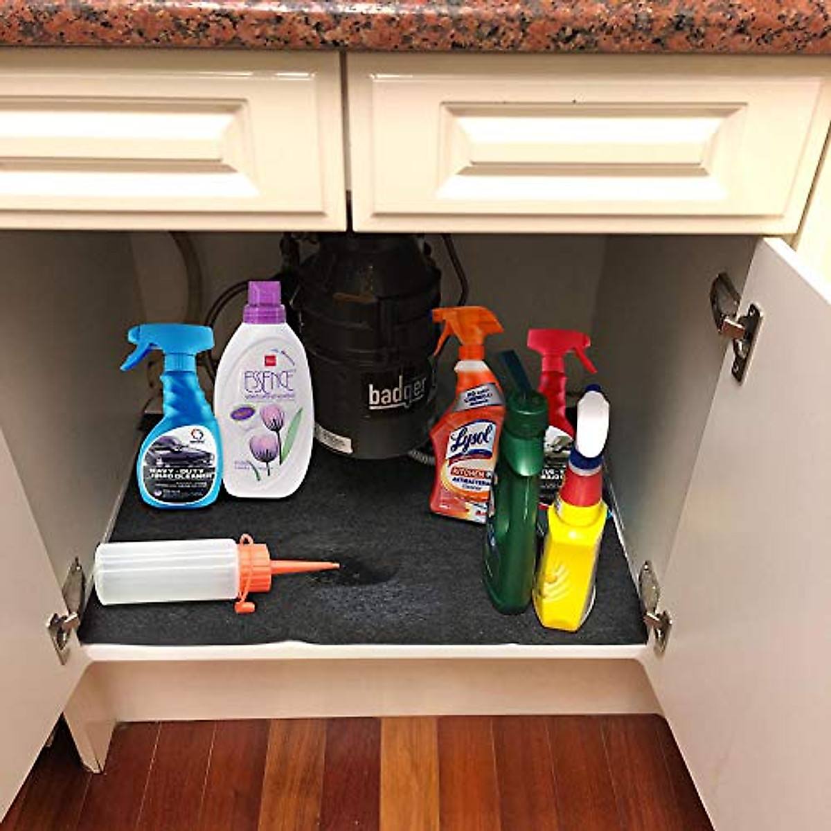 Under The Sink Mat (36" x 24")– Premium Cabinet Mat , Absorbent/Waterproof/Washable/Lightweight/Cuttable – Protects Cabinets, Contains Liquids