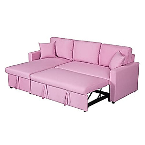 GLANZEND L-Shape Reversible Linen Sleeper Sectional Sofa with Storage Chaise, Corner Convertible Couch w/ 2 Throw Pillows for Living Room, Small Apartment, Dorm, Pink, 57 Inch