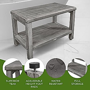 CostalVogue Eleganto Shower Bench Teak Wood Shower Bench with Storage Shelf Shower Foot Stool in Antique Gray Finish for Indoors and Outdoors - 24 inches Long