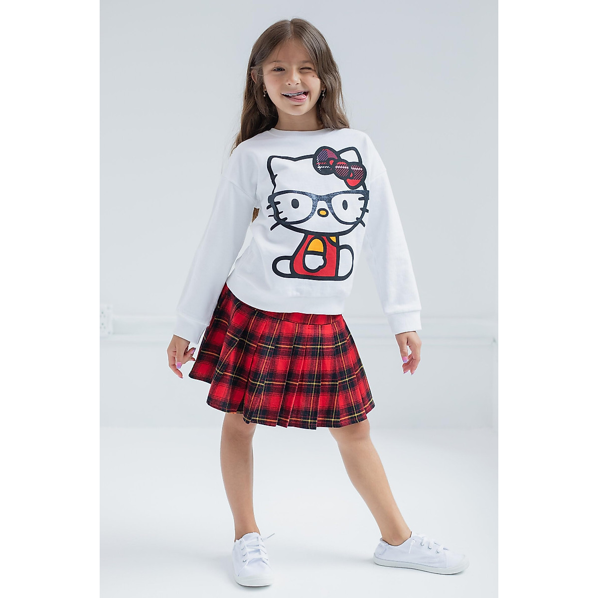 Hello Kitty Little Girls Fleece Sweatshirt and Skirt Plaid White/Red 7-8