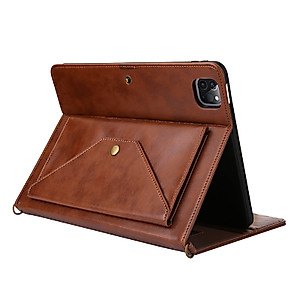 iPad Pro 12.9 inch 2022/2021/2020/2018 PU Leather Case with Apple Pencil Holder Auto Wake/Sleep Shoulder Strap for iPad Pro 12.9 6th/5th/4th/3rd Generation (Brown)