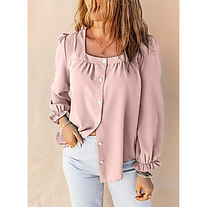 Dokotoo Womens Ladies Elegant Bell Long Sleeve Summer Fall Tops Square Neck Button Down Chiffon Office Work Shirts and Blouses for Women Fashion 2023 Casual Loose Shirts Pink Medium