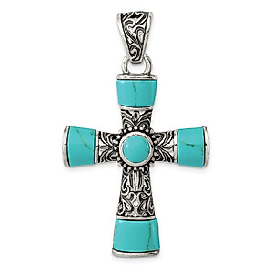 Sonia Jewels 925 Sterling Silver Synthetic Turquoise Vintage Antiqued Cross Pendant Charm