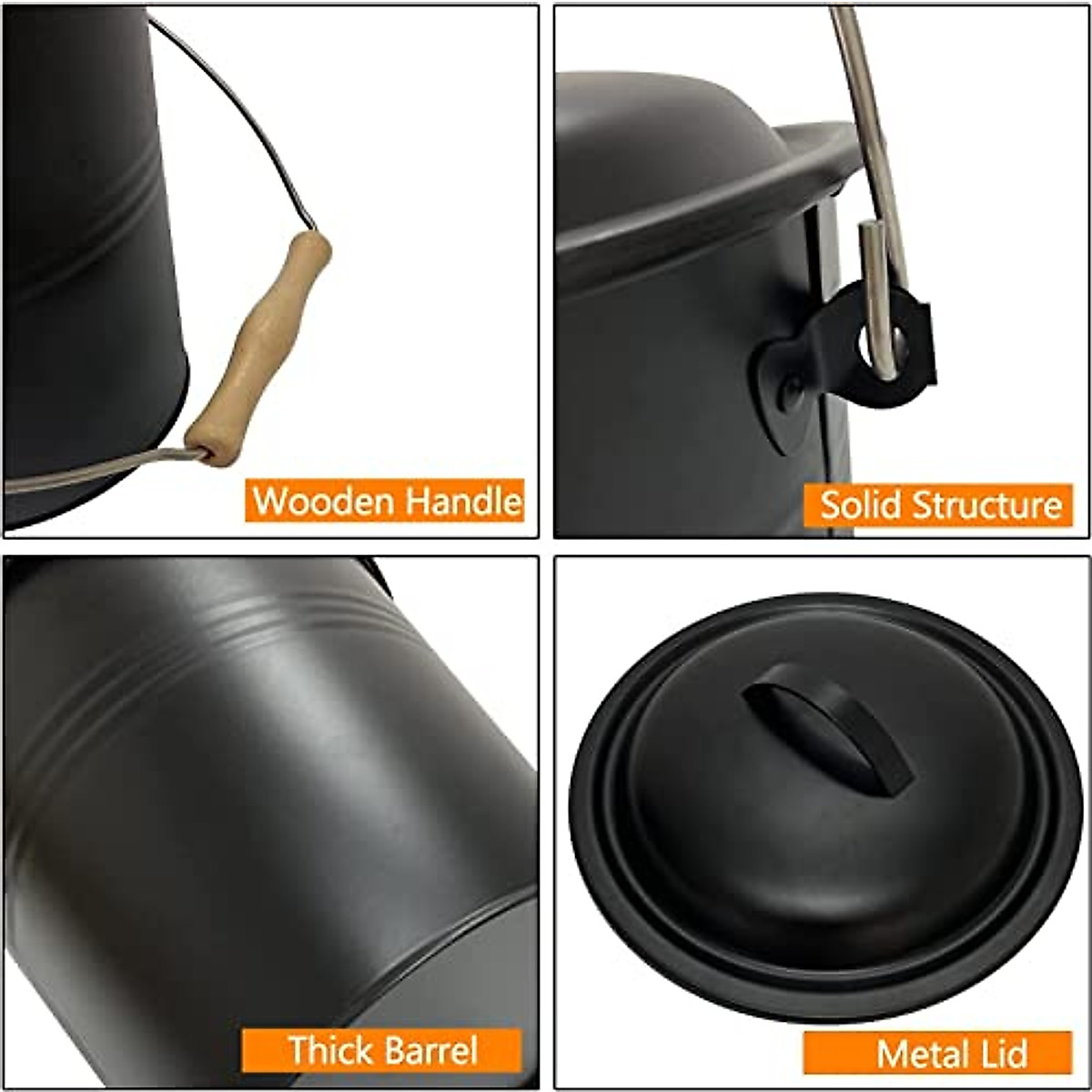 Mini Ash Bucket with Shovel, Gloves and Hand Broom, 1.5-Gallon Pail with Lid, Metal Bucket Coal and Ash Carrier Wood Pellet Storage Container Tool Set for Fireplace Fire Pit, Iron Ash Stove