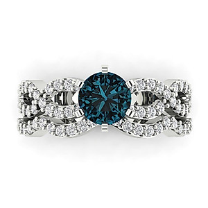 Clara Pucci 1.65ct Round Cut Laser Engraving Halo Natural London Blue Topaz Designer Statement Curved Ring Band Set 18K White Gold Size 4