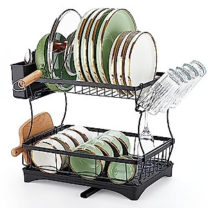 Dish Drying Rack, 2 Tier Dish Racks for Kitchen Counter, Dish Drainer Dish Rack with Pots & Pans Holder, Large Dish Drying Rack with Drainboard Utensil Holder Cup Holder Cutting Board Holder - Black