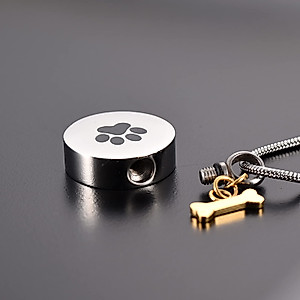 BIAIHQIE Golden Dog Bone Charm & Paw Print Round Stainless Steel Cremation Urn Jewelry for Pet Ashes Keepsake Memorial Necklace