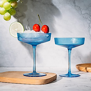 Rose Pink Ribbed Coupe Cocktail, Champagne & Martini Glasses 8 oz | Set of 2 | Retro Style Classic Manhattan Glasses For Cocktails, Ripple Coupe Glasses, Art Deco Gatsby Vintage, Crystal with Stems