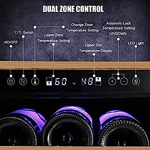 Joy Pebble Wine Cooler 28 Bottle Dual Zone Built-in Wine Cellar with Stainless Steel & Double-Layer Tempered Glass Door and Temperature Memory Function