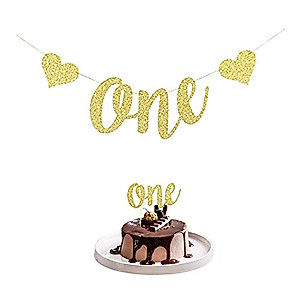 Morndew Gold Glitter One Banner and One Cake Toppers for Kids Birthday Party Baby Shower Wedding Party Bunting Decoration