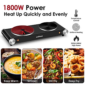 Cusimax Hot Plate for Cooking 1800W Portable Electric Double Burner Countertop Cooktop Cast Iron Stove Heating Plate with 7 Power Levels Adjustable Temp Control, Compatible for All Cookwares