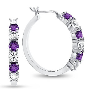 Tirafina Amethyst and Lab-Created White Sapphire Hoop Earrings, Alternating Stones, Birthstone Jewelry, Sterling Silver (3mm Stone)