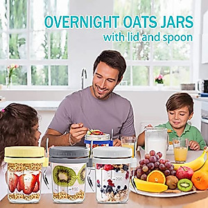 Alitake Overnight Oats Container with Lid and Spoon - 16 oz Glass Overnight Oats Jars with Measurement Mark - 4 Pcs Portable Large Capacity Airtight Mason Jars for Overnight Oats, Cereal, Milk, Fruit