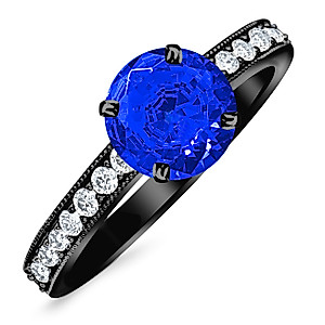 0.8 Carat 14K Black Gold Classic Side Stone Pave Set With Milgrain Diamond Engagement Ring with a 0.5 Carat Natural Blue Sapphire Center (Heirloom Quality)