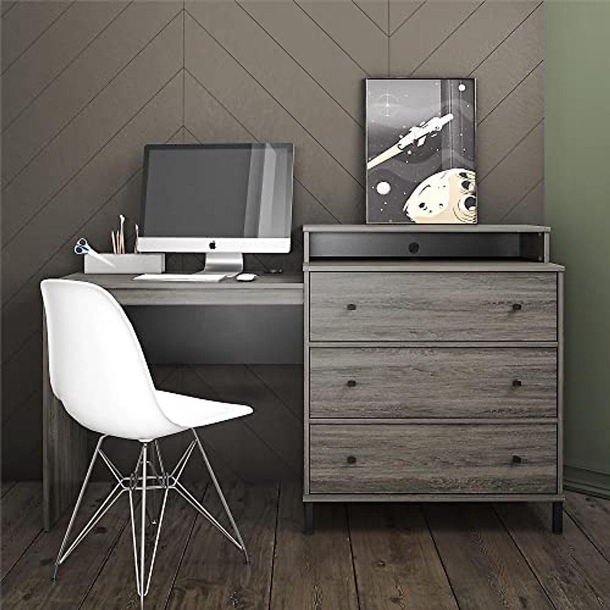 Ameriwood Home Kalissa Dresser/Desk Combo with Wireless-charger, Gray Oak