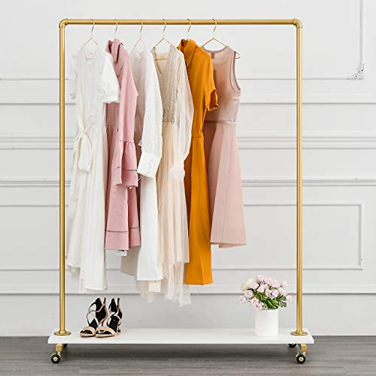 BOSURU Modern Rolling Clothing Rack on Wheels Industrial Pipe Clothes Rack with Wood Shelf Heavy Duty Metal Garment Rack for Laundry Room, Retail Store Gold 47" L