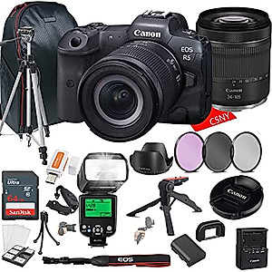 Canon EOS R5 Mirrorless Camera w/RF 24-105mm f/4-7.1 is STM Lens + 64GB Memory + Back Pack Case + Tripod, TTL Flash, Filters, & More (28pc Bundle)