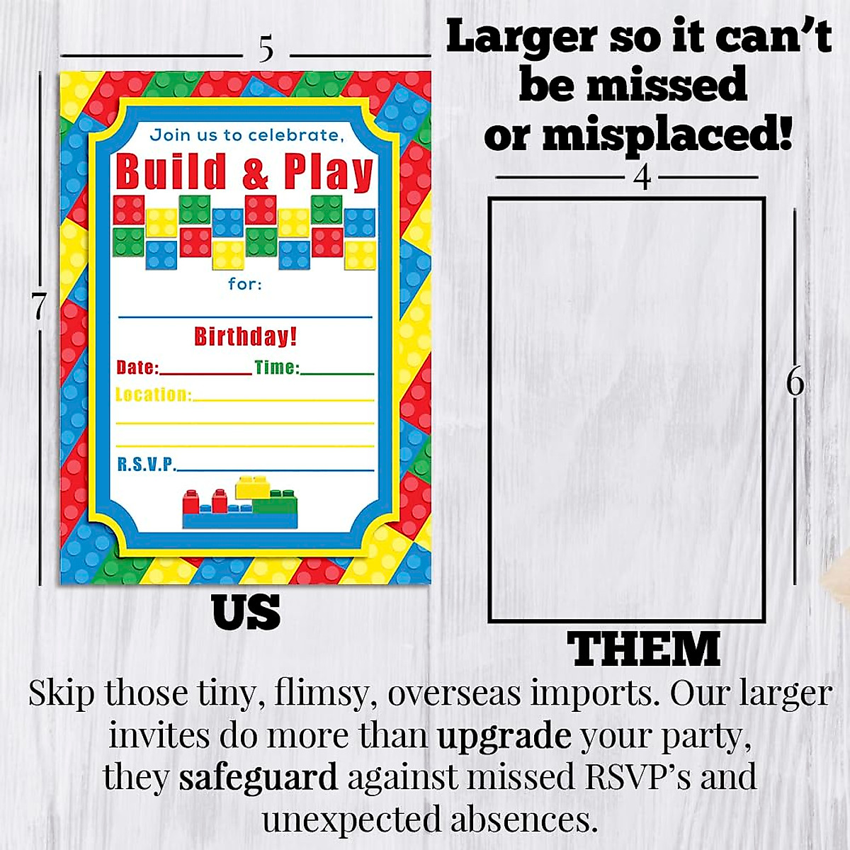 Building Blocks Birthday Party Invitations, 20 5x7 Fill In Cards with Twenty White Envelopes by AmandaCreation