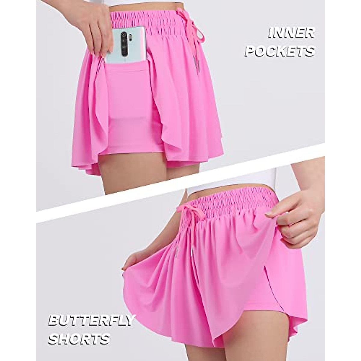 JOCMIC Girls Flowy Shorts, 2 in 1 Preppy Butterfly Shorts with Spandex Liner for Cheer Athletic Gym Kids Casual Clothes Rose Red 12 Years