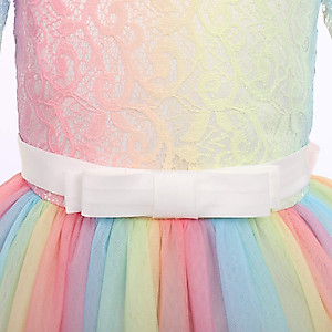 Baby Girls 3/4 Sleeve Floral Lace Tulle First Communion Pageant Holiday Dresses Kids Big Girls Princess Birthday Carnival Christmas Baptism Christening Birthday Prom Ball Gown Rainbow-White 7-8 Years