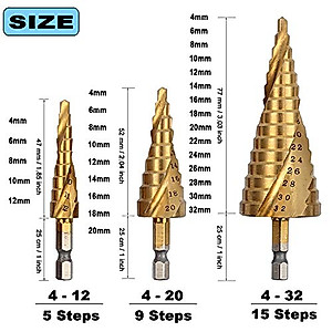 3Pcs HSS Step Drill Bit Set, 1/4" Hex Shank Spiral Groove High Speed Steel Titanium Coated Cone Hole Cutter Bit for Drilling Plate Aluminum Metal Wood Hole (4-12mm/4-20mm/4-32mm)
