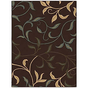 Machine Washable Leaves Design Non-Slip Rubberback 5x7 Traditional Area Rug for Living Room, Bedroom, Kitchen, 5' x 6'6", Brown