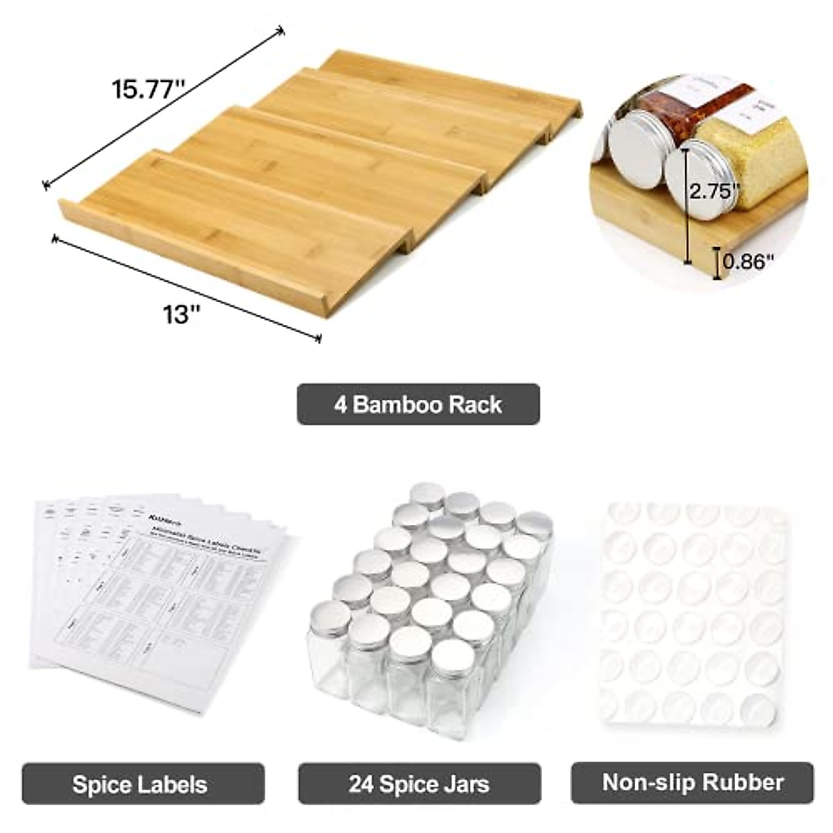 KitHero Spice Drawer Organizer with 24 Spice Jars and 216 Labels,Non-slip Rubber, Bamboo 4 Tier Spice Racks Tray Seasoning Containers for Kitchen Drawers,Cabinets,Countertops,13" Wide * 15.8" Deep