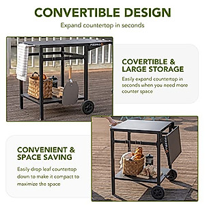 PIZZELLO Outdoor Grill Dining Cart Movable Pizza Oven Trolley BBQ Stand Double -Shelf Outdoor Worktable with 2 Wheels and 4 Hooks