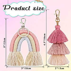 Hicarer 2 Pieces Boho Rainbow Keychains Pom Pom Tassel Macrame Keychains for Women(Fresh Color)