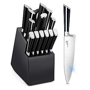 LIANYU 15-Piece Knife Set, Kitchen Knife Set with Wooden Block, Professional High Carbon Germen Stainless Steel Chef Knife Set, Forged Knives Set with Honing Steel