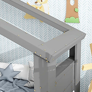 DUNTRKDU Twin Size Wood House Floor Bed Frame with LED Light, Modern Multifunction House Floor Bed with Roof Window and Wood Slats Support for Bedroom Girls Boys, Easy Assemble (Gray)