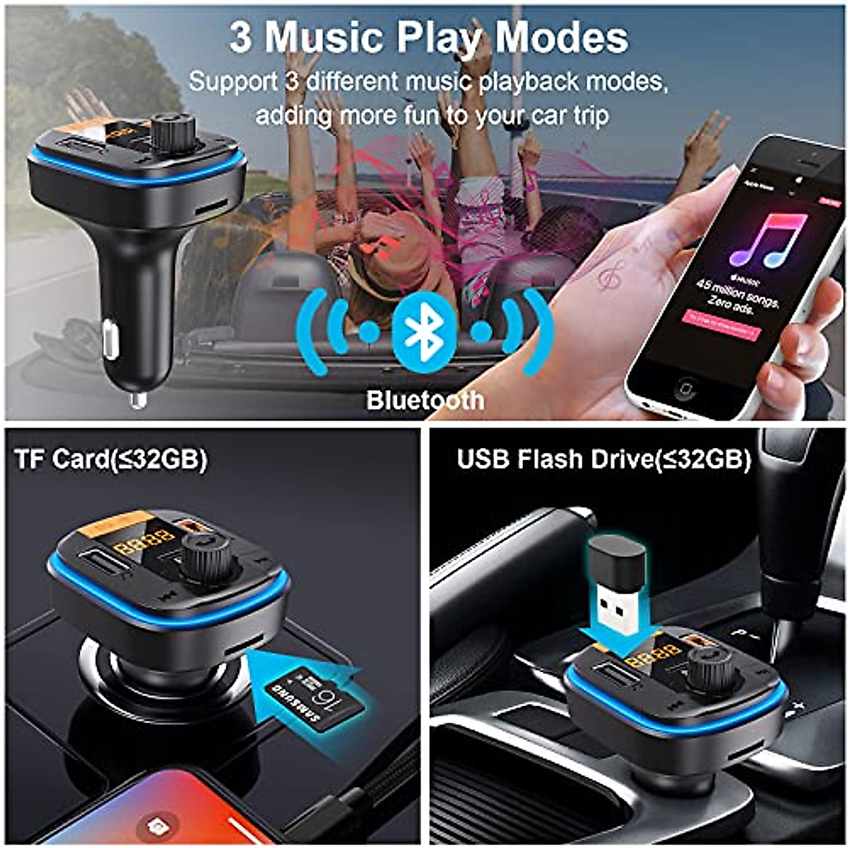 Bluetooth FM Transmitter for Car - Tensun Bluetooth Car Adapter PD20W+QC3.0 Cigarette Lighter Bluetooth 5.0 Radio Receiver Music Player Car Charger Supports Hands-Free Call Siri Google Assistant