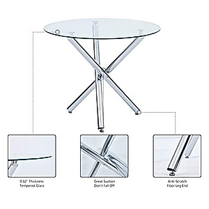 Modern Dining Table Set for 2 Person,3 Pieces Kitchen Dining Room Sets with Glass Round Table Top,Chrome Legs + 2 Grey with White Side,Faux Leather High Back Dining Room Chairs Set for Home Office